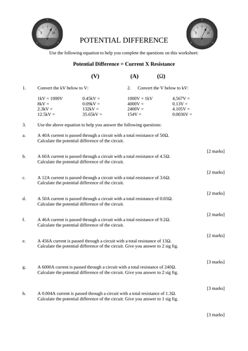Potential Difference, Resistance & Current Calculations Worksheet withAnswers - GCSE Physics ...