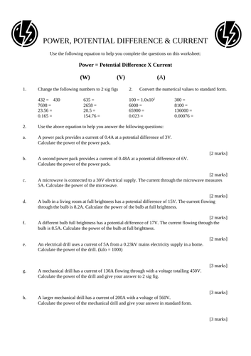 Power, Potential Difference and Current Calculations Worksheet with ...