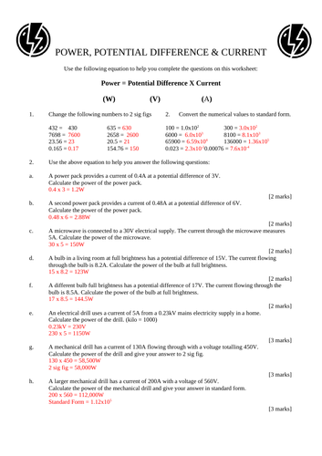 Power, Potential Difference and Current Calculations Worksheet with ...