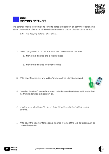 Stopping Distances - Worksheet | Teaching Resources