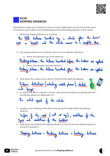 Stopping Distances - Worksheet | Teaching Resources