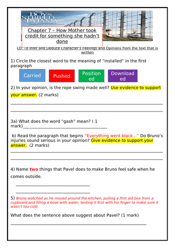 Boy in the Striped Pyjamas - Chapter 7 Comprehension | Teaching Resources