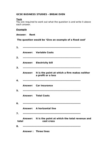 What's the Question? - Break Even | Teaching Resources