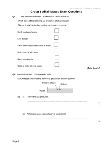 Group 1: Alkali Metals | Teaching Resources
