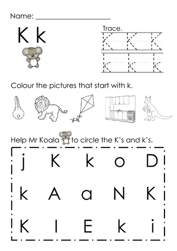 (Alphabets) Finding Letter K k and Pictures Printable | Teaching Resources