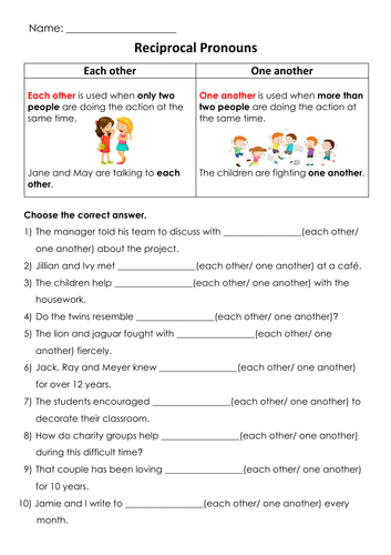 Grammar Reciprocal Pronouns (Each Other/ One Another) Printable ...