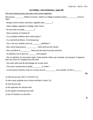 Encore Tricolore total 1 - unit 8 micro-listening exercise | Teaching ...