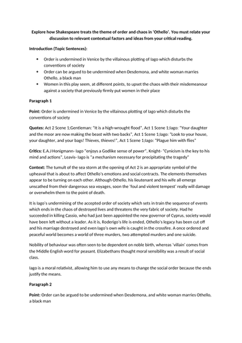 OTHELLO ESSAY PLANS A Level English Literature (Themes) (Edexcel ...