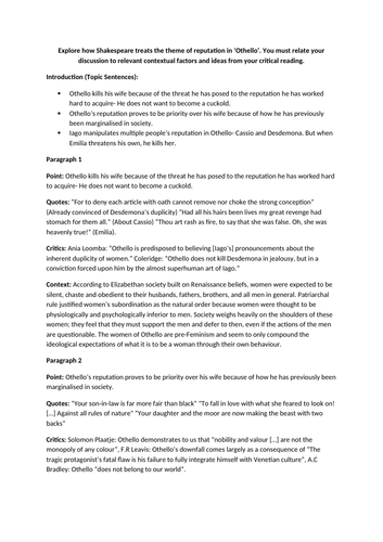 OTHELLO REVISION PACK- Complete with Essay Plans, A Quote Bank , A ...