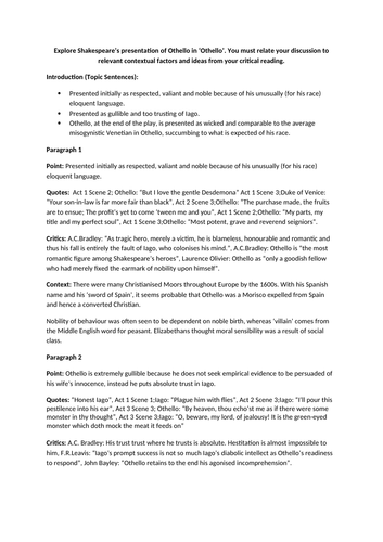 OTHELLO REVISION PACK- Complete with Essay Plans, A Quote Bank , A ...