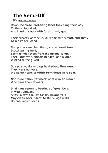 Comparing war poetry Wilfred Owen 'The Send off' & Vera Brittain ...