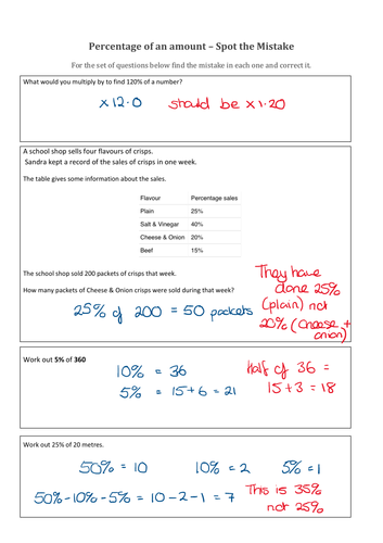Spot the Mistake Percentage of an Amount GCSE Foundation | Teaching ...