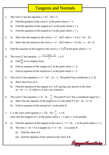 Tangent and Normals at 'A' Level - with answers | Teaching Resources