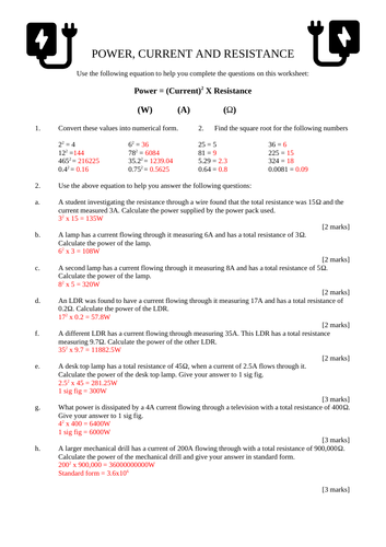 Power, Current and Resistance Calculations Worksheet with Answers ...