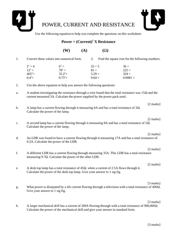 Power, Current and Resistance Calculations Worksheet with Answers ...