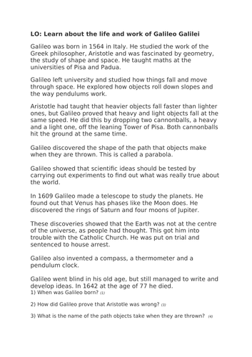 Galileo Galilei Comprehension | Teaching Resources