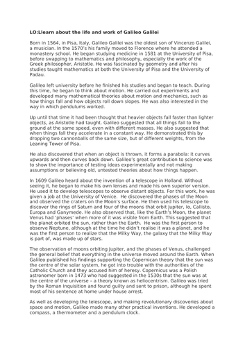 Galileo Galilei Comprehension | Teaching Resources