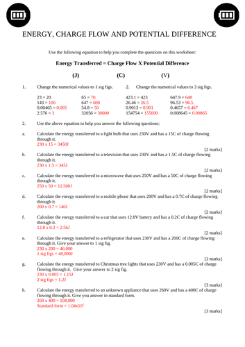 Energy, Charge Flow & P.d Calculations Worksheet with Answers - GCSE ...