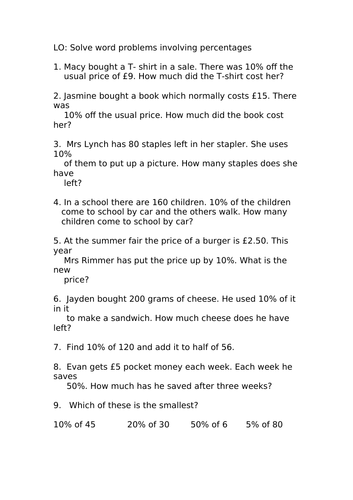 Percentages Word problems | Teaching Resources
