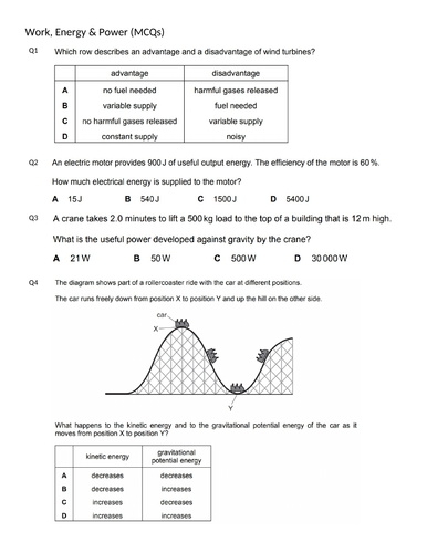 WORK, ENERGY & POWER(MCQs)(IGCSE 0625 CLASSIFIED WORKSHEET WITH ANSWERS ...