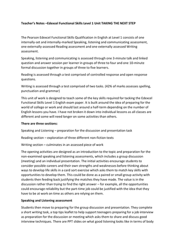 Edexcel Functional Skills in English: Level 1 Unit - Taking the Next ...