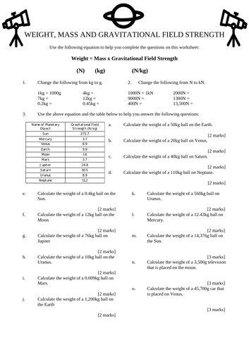 Weight, Mass and GFS Calculations Worksheet with Answers - GCSE Physics ...