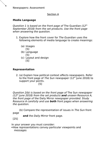 Eduqas Media- Newspapers- The Guardian and The Sun | Teaching Resources