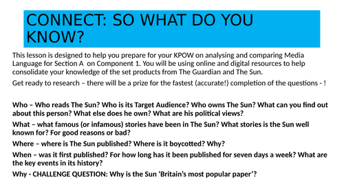 Eduqas Media- Newspapers- The Guardian and The Sun | Teaching Resources