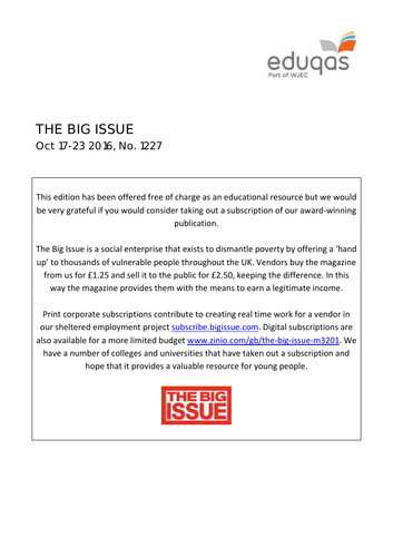 EDUQAS A-Level Media Studies: Vogue and The Big Issue | Teaching Resources