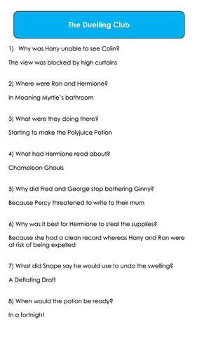 Harry Potter and the Chamber of Secrets Reading Comprehension (Chapters ...