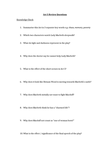 Macbeth Act 5 Consolidation / Revision Tasks | Teaching Resources