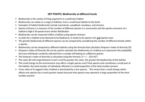 Biodiversity at different levels and Simpson's Index of diversity (OCR ...