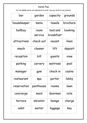 Hotel Fun Worksheets | Teaching Resources