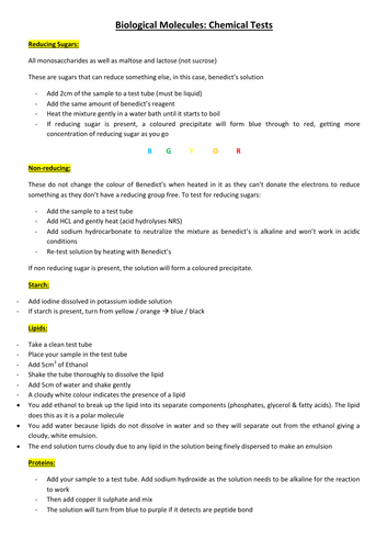 Biological Molecules Chemical Tests (AQA A-Level Biology) | Teaching ...