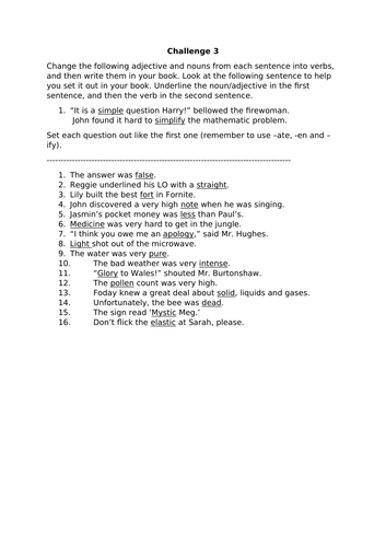 English - Changing Nouns and Adjectives into Verbs (Year 5) | Teaching ...