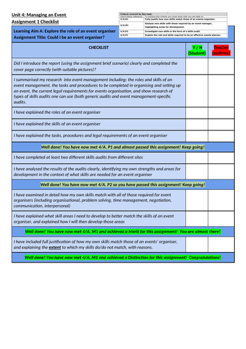 Unit 4: Managing an Event BTEC checklist & powerpoint & feedback/tracker for ALL assignments ...