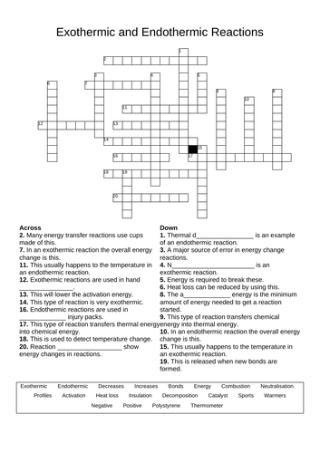 GCSE Crossword - Exothermic and Endothermic reactions | Teaching Resources