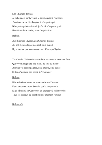 French song LEsChamps élysées | Teaching Resources