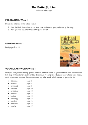 The Butterfly Lion by Michael Morpurgo - Unit of Work | Teaching Resources