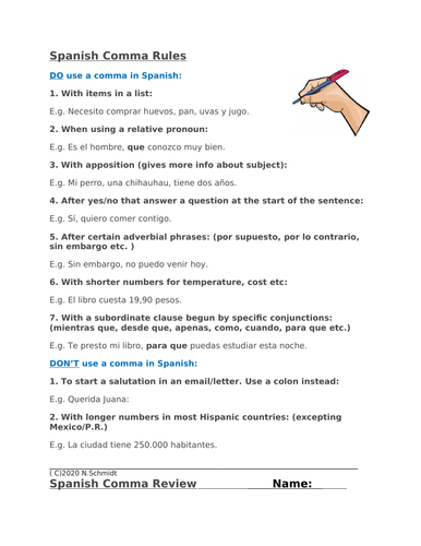 Spanish Comma Rules: Reglas de coma en español | Teaching Resources