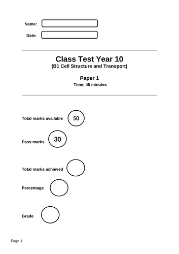 Biology Class Test For Year 10 (B1: Cell Structure and Transport ...
