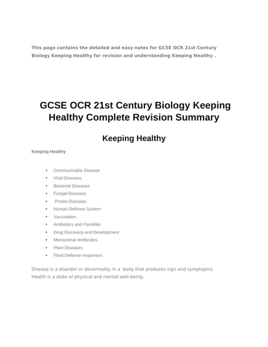 GCSE OCR 21st Century Biology Keeping Healthy Complete Revision Summary ...