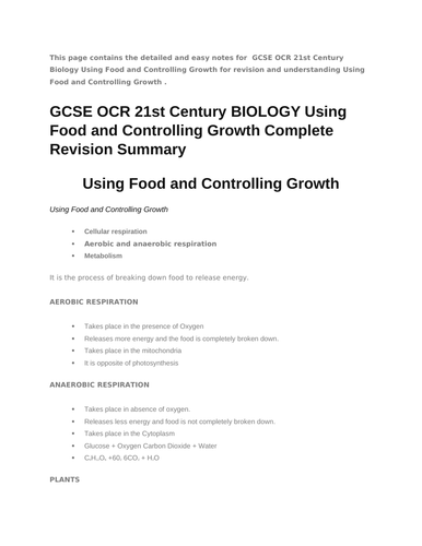 GCSE OCR 21st Century BIOLOGY Using Food and Controlling Growth ...