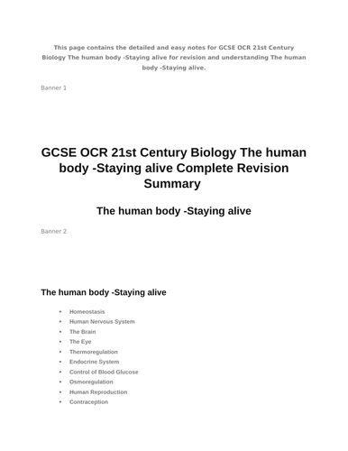 GCSE OCR 21st Century Biology The human body -Staying alive Complete ...