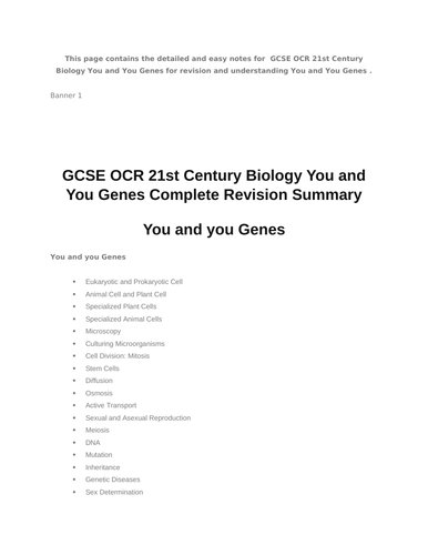 GCSE OCR 21st Century Biology You and You Genes Complete Revision ...