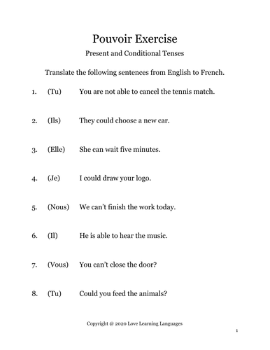 Pouvoir - Essential French Verb - Translation Exercise | Teaching Resources