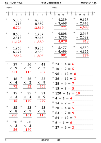 26,000 Four Operations Sums LEVEL 4 - 4 Digit Sums & 1-12x Tables ...