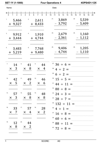 26,000 Four Operations Sums LEVEL 4 - 4 Digit Sums & 1-12x Tables ...