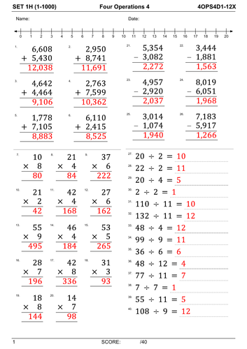 26,000 Four Operations Sums LEVEL 4 - 4 Digit Sums & 1-12x Tables ...