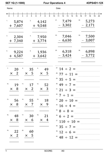 26,000 Four Operations Sums LEVEL 4 - 4 Digit Sums & 1-12x Tables ...
